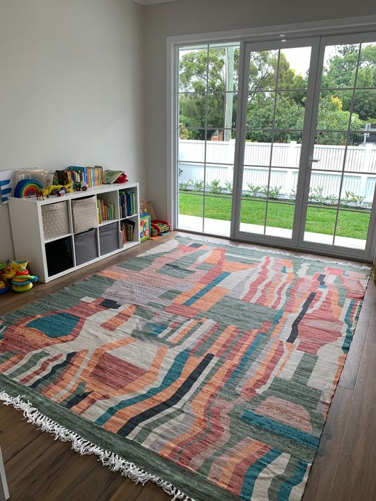 Fern Green and Orange Multi-Colour Abstract Tribal Indoor Outdoor Rug