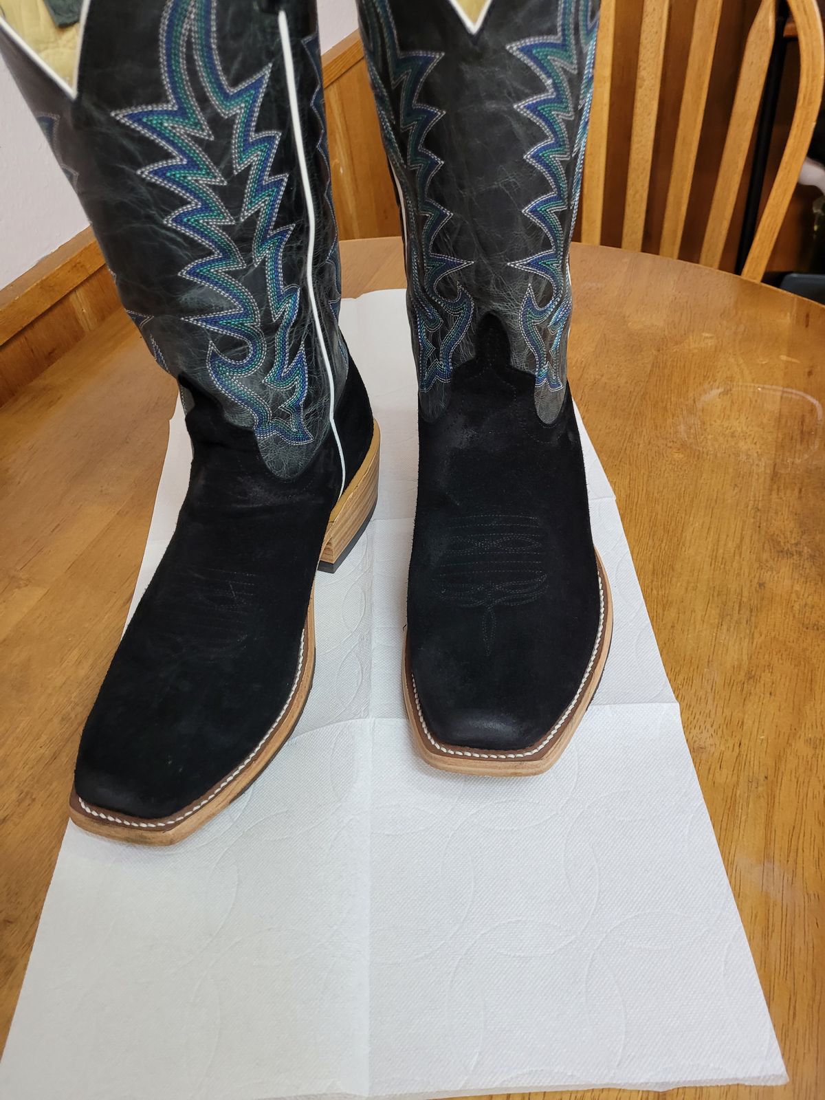 Horsepower Men`s Top Hand Black Suede Roughout 13` Blue Goat Top Cutte