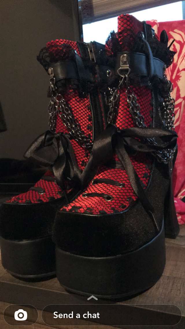Demonia Charade-110 Ankle Boots - Black Vegan Leather-Red/Black Velvet ...