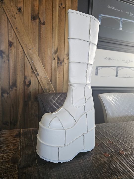 DEMONIA "Stack-301" Knee-high Boots - White Vegan Leather – Demonia Cult