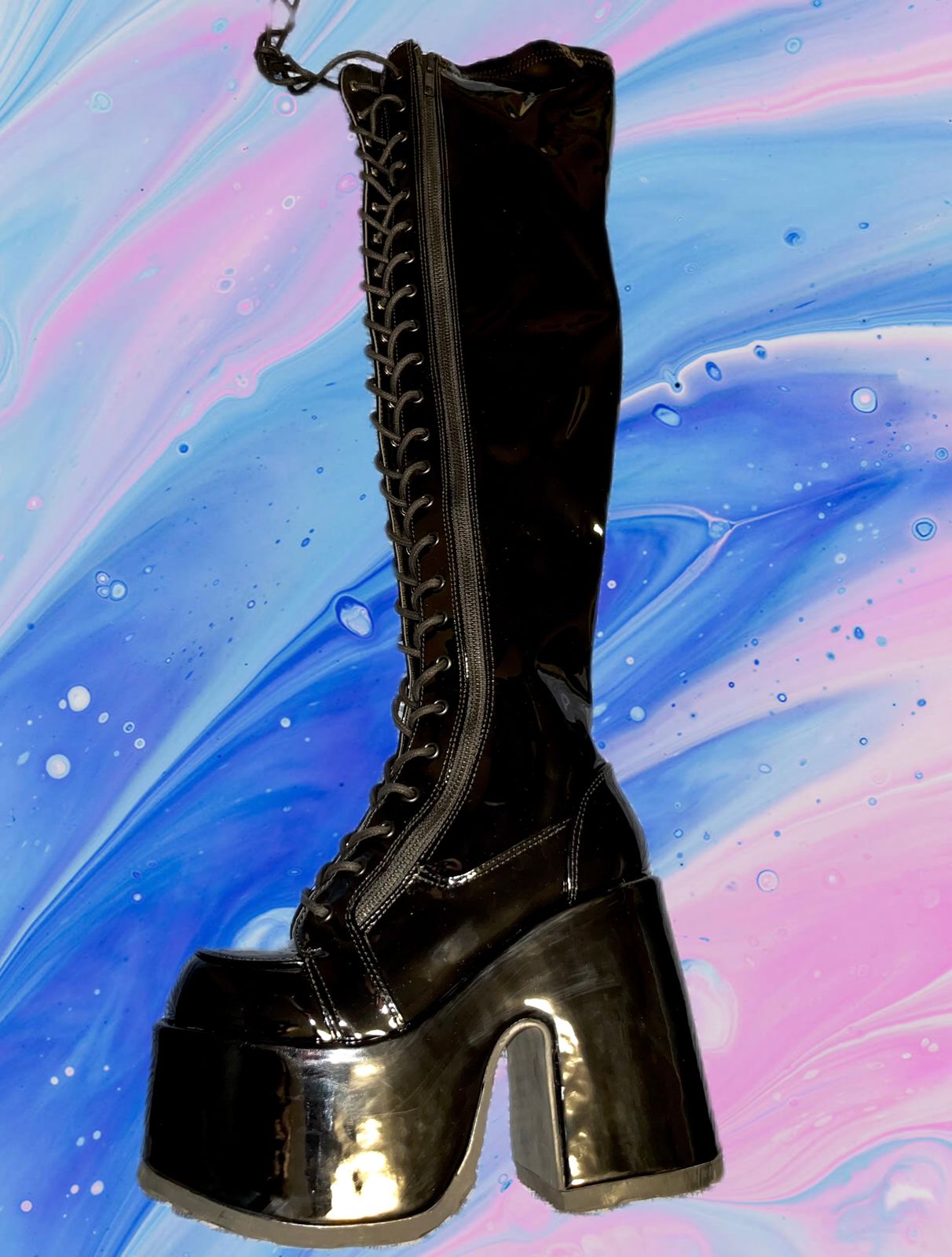 DEMONIA "Camel-300" Over-the-knee Boots - Black Str Patent – Demonia Cult