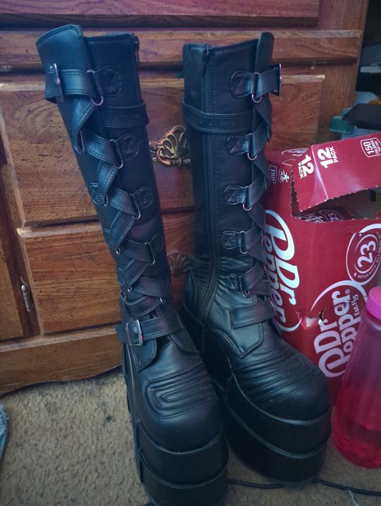 DEMONIA "Stack-308" Knee-high Boots - Black Vegan Leather – Demonia Cult