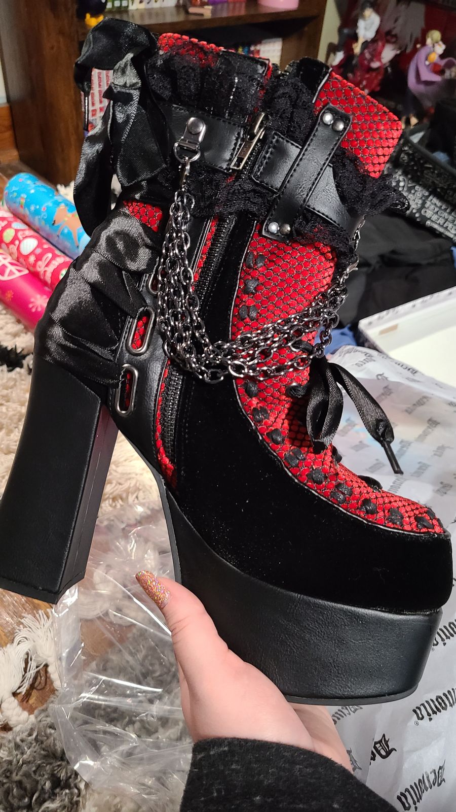 DEMONIA "Charade-110" Ankle Boots - Black Vegan Leather-Red/Black ...
