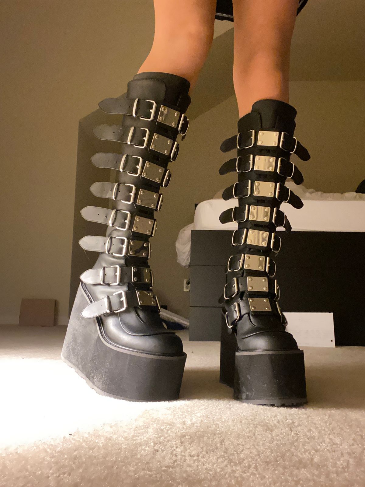 Demonia Swing-815 Knee-High Boots - Black Vegan Leather – Demonia Cult