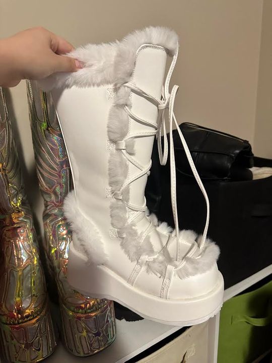 DEMONIA "Cubby-311" Knee-high Boots - White Vegan Leather – Demonia Cult