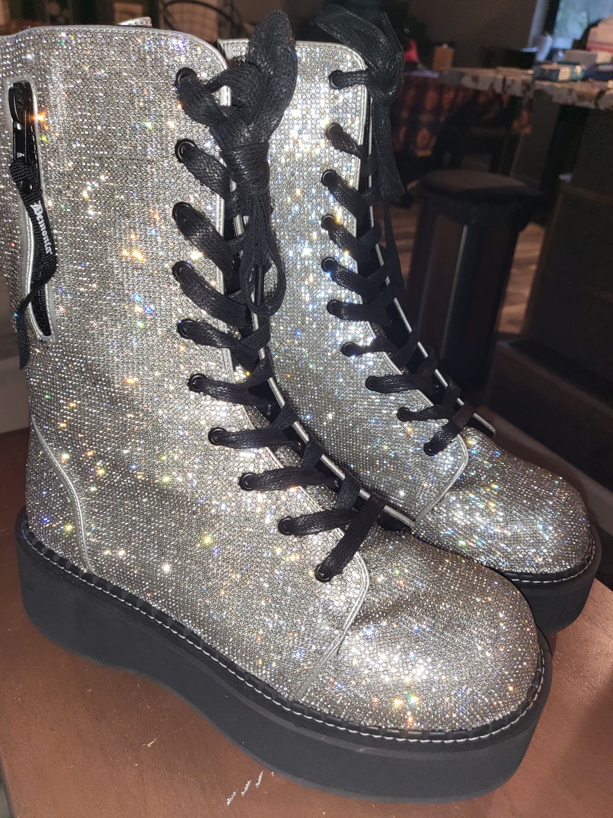 DEMONIA "Emily-362" Over-the-knee Boots - Silver Vegan Leather ...