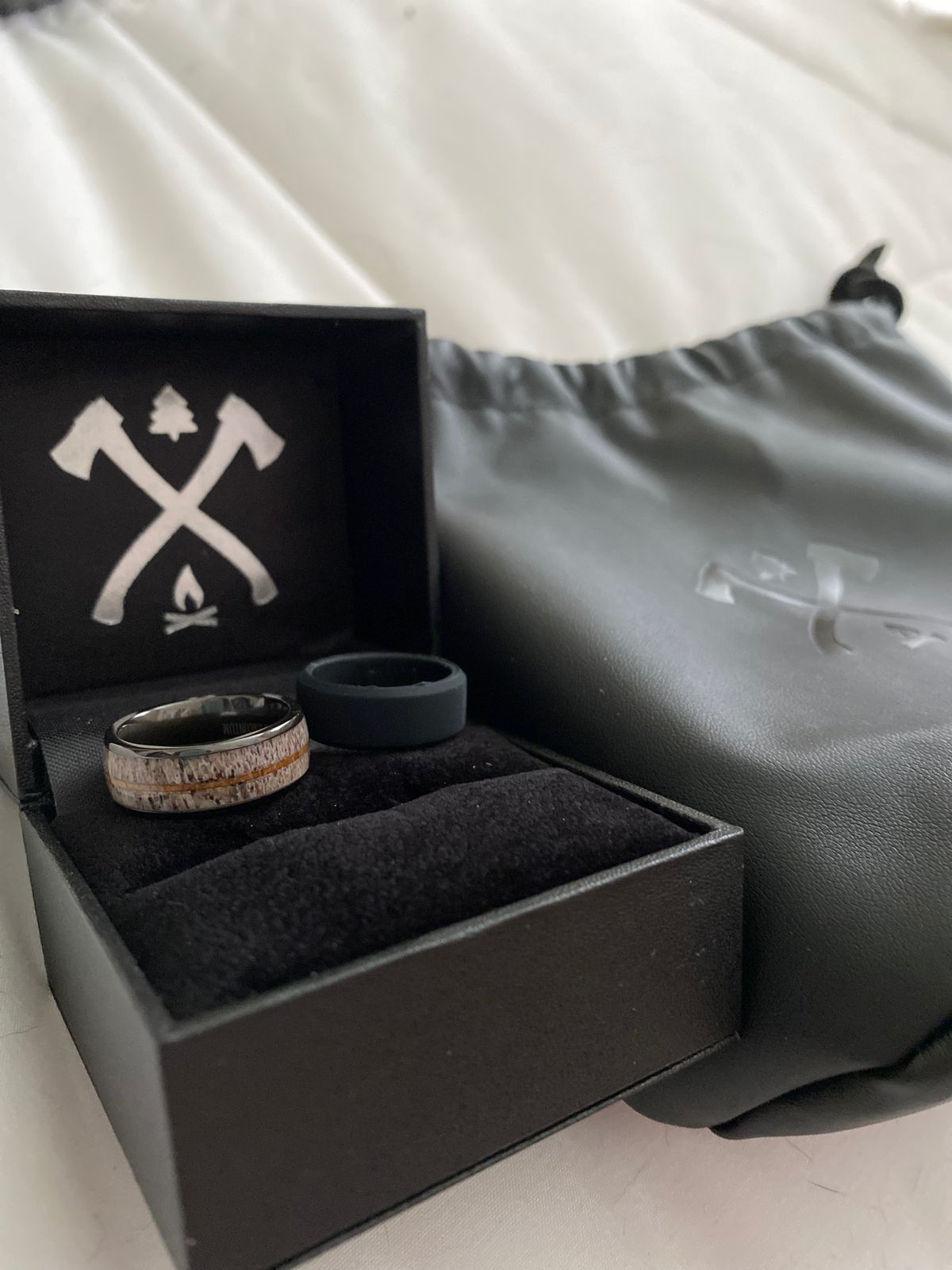 The Oryx Ring - Zirconium, Antler & Teakwood Inlay Wedding Bands ...